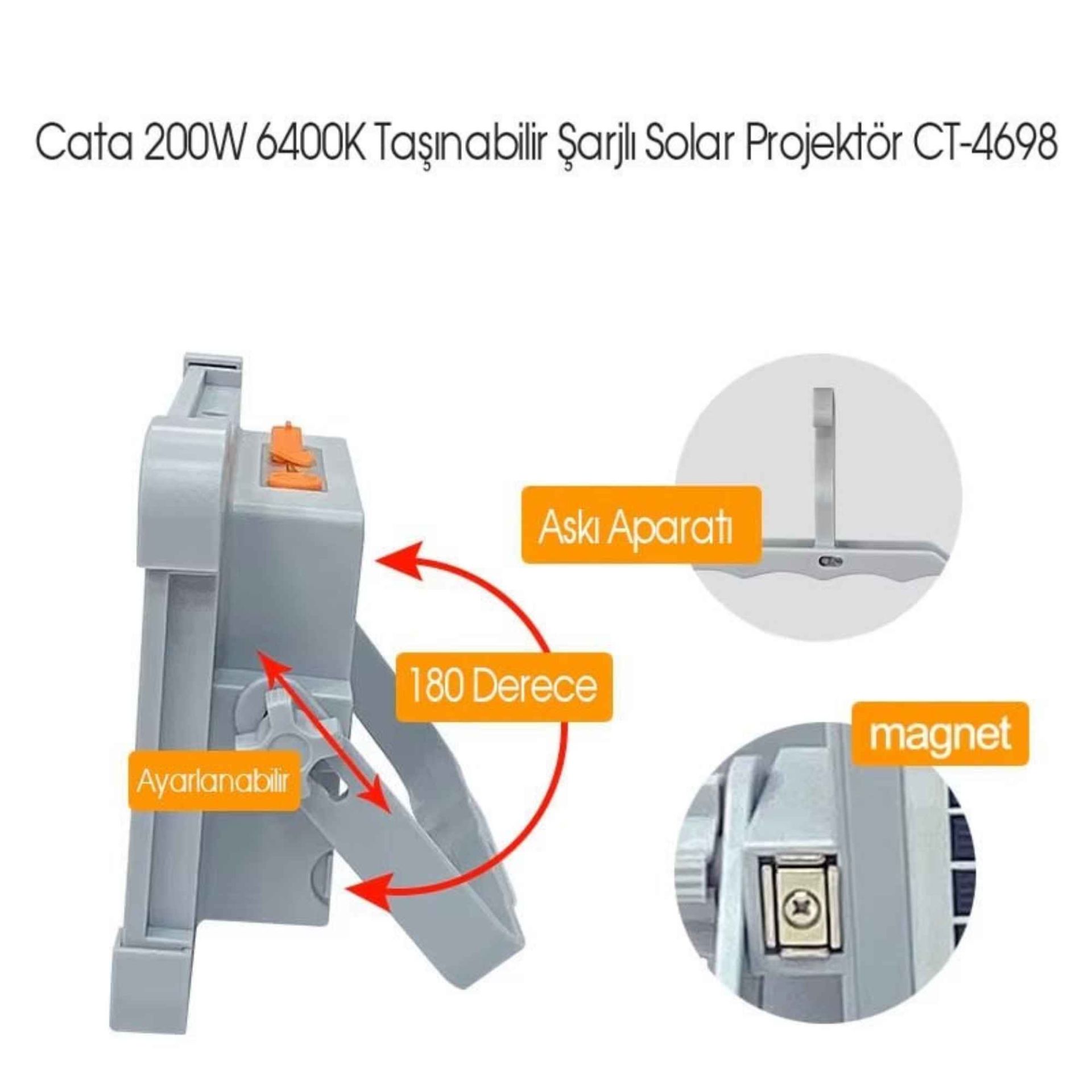 CATA 200W 6400K Beyaz Taşınabilir Portatif Solar Led Projektör CT-4698